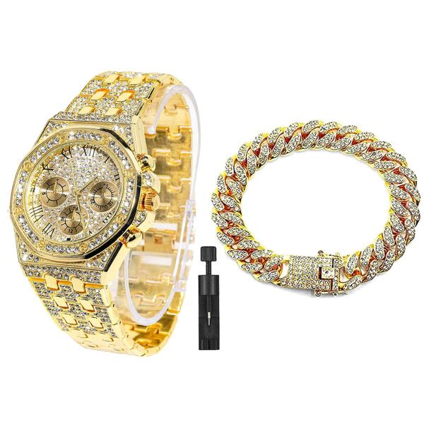 商品名:  Apzzic Diamond Iced Out Watch CZ Gold Plated 40mm Width Roman Numerals Dial Quartz Wristband Watch with Gold Cuban...