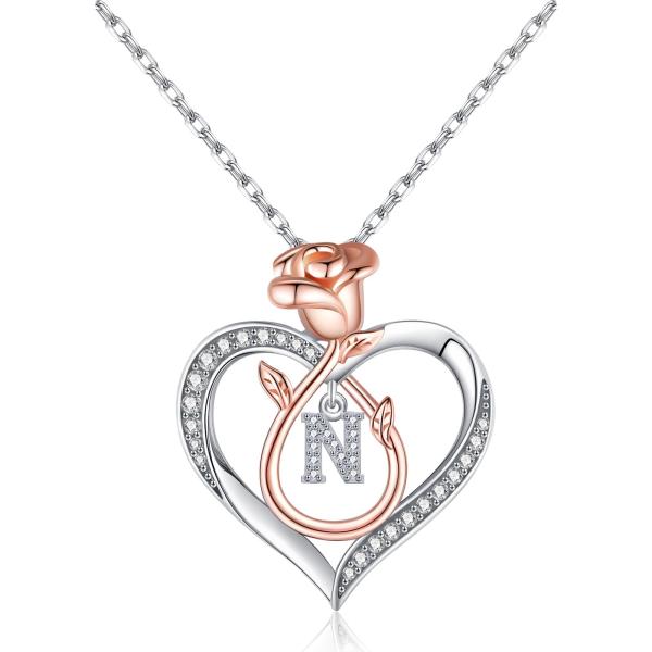 商品名: EleShow ローズハートネックレス 女性用ギフト キュービックジルコニア ハート イニシャルレターペンダントネックレス ジュエリー 記念日 バレンタインデー 彼女へのギフト 母の日 クリスマス 誕生日プレゼント 女性 女の子,...