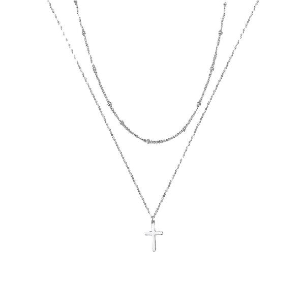 商品名: KNOWTODAY クロスネックレス マルチレイヤー 14Kゴールド/シルバーメッキ キュービックジルコニア クロス/V ペンダントネックレス レディース トレンディ ガールズギフト (シルバー二重構造), 真鍮, 宝石なし KN...