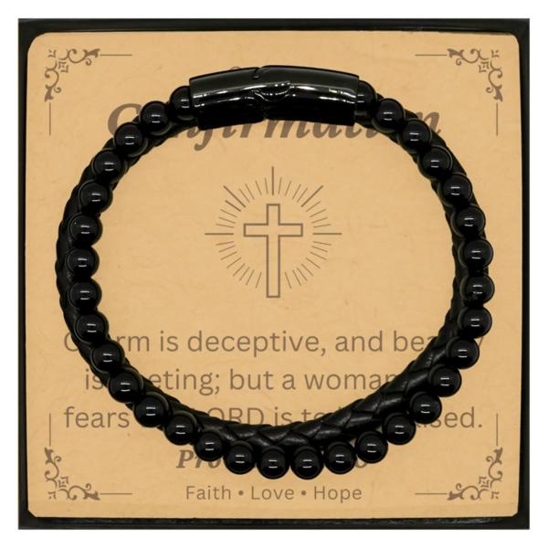 商品名:  God Bless You Bible Verse Stone Leather Bracelet For Men Teens - Proverbs 31:30 - Confirmation Cross Religious Jew...