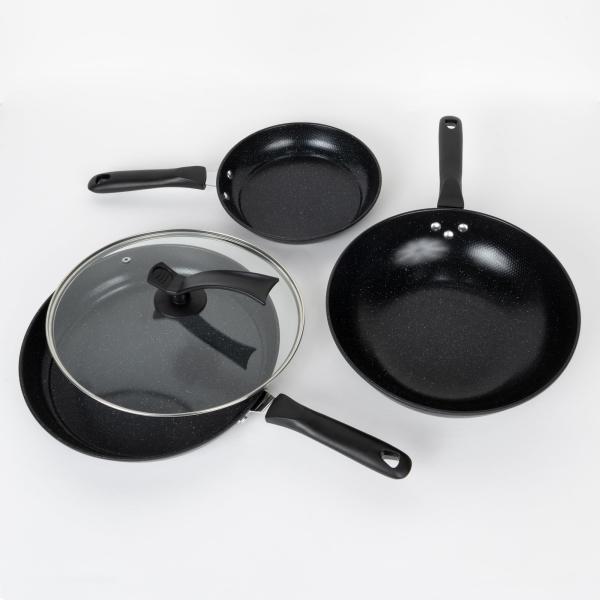 商品名:  DURANITRO UPGRADE 4 Piece Nitrogen-Hardened Honeycomb Nonstick Carbon Steel 8” and 12” Frying Pans, 12” Wok, and 1...