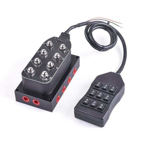 商品名: 12V エアライドサスペンションマニホールドキット エアライドソレノイドバルブ8個付き 1M 9スイッチ有線リモコン付き エアバッグの膨張と収縮に使用できます。 12V Air Ride Suspension Manifold K...