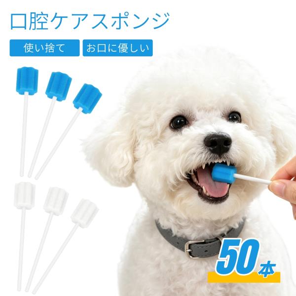 毎日のケアで、もっと近くに。やさしく磨く、ペットのための歯磨きタイム。■品名：ペット口腔ケアスポンジ■素材：スポンジ＆プラスチック■カラー：ブルー、ホワイト■セット：50本セット