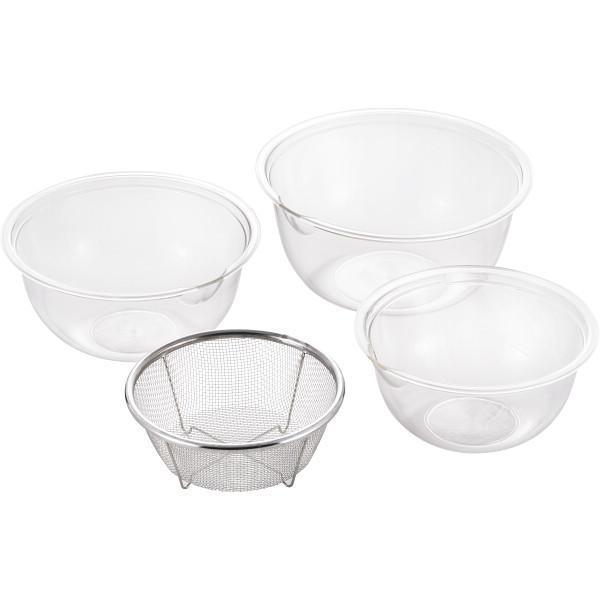 4003052レンジボウル3ｐｃｓザル付■使い勝手の良いボウルの3点セット。レンジ対応なので下ごしらえやお菓子作りに便利です。中身が見えるので調理具合が分かる。小さいボウルに合うザル付。原産国:JPN：日本宅配冷蔵区分:01：常温