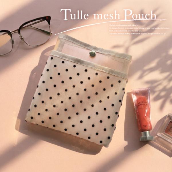 商品：ハンカチポーチ ハンカチ入れ 10代 お出かけ 可愛い プレゼント メッシュポーチ タオルハンカチ 20代 外出 おしゃれ ギフト ハンカチケース バッグインバッグ 30代 持ち歩き 機能的 贈り物 ドット柄ポーチ マチ付き【サイズ】...