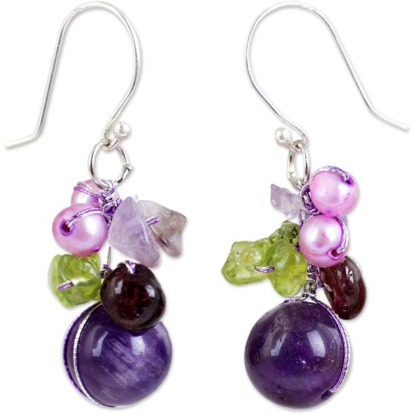 商品名NOVICA Garnet and Amethyst Cluster Earrings with Cultured Freshwater Pearls, Bright Bouquet'NOVICA Artisan Handmade G...