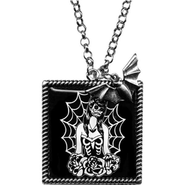 商品名Sourpuss Clothing ブラックウェブ レディースフレームネックレス コウモリアクセントチャーム付きBlack Webbed Women Frame Necklace with Bat Accent Charm from ...