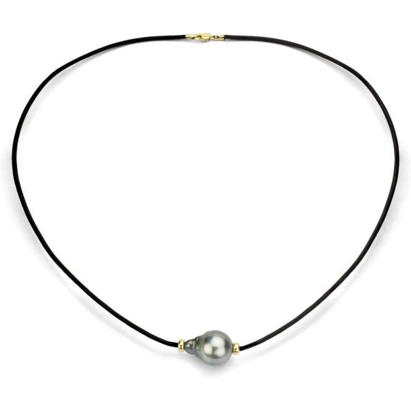 商品名南海養殖真珠 ゴールドロンデルズ ブラックレザーネックレス 18インチ 14Kイエローゴールド14K Yellow Gold 12-12.5mm Black Tahitian Cultured Pearl Gold Rondels o...