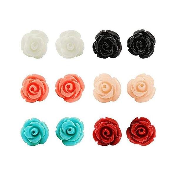 商品名(M01. 8mm Assorted x 6 Pairs) - Handcrafted Resin Colour Simulated Coral Rose Flower Earring Studs, Hypoallergenic St...