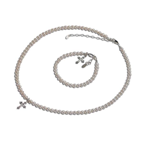 商品名: 子供のスターリングシルバー最初聖体拝領クロスネックレスとブレスレットセットwith養殖真珠 Precious Pieces Children's Sterling Silver First Communion Cross Neck...