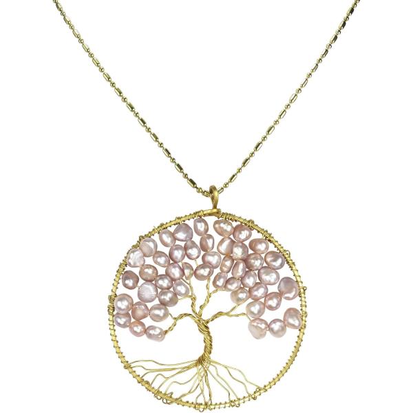 商品名AeraVida 養殖淡水ピンクパール 永遠の生命の樹 真鍮ロングネックレス メダリオンセット | 女性用メダリオンネックレス | 女性用ホワイトパールネックレス, パールAeraVida Exquisite Cultured Fre...