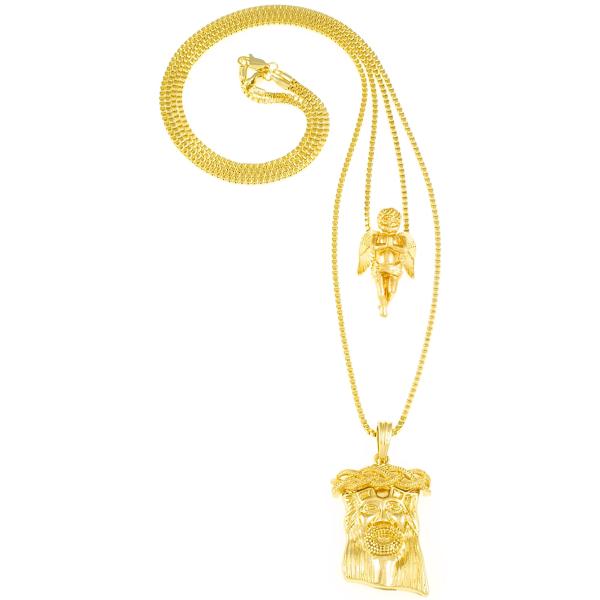 商品名: Jesus Angel 2つネックレスセット新しい大きいCrowned Jesus with smaller Praying Angelゴールドカラーペンダント GWOOD Jesus and Angel Gold Color P...