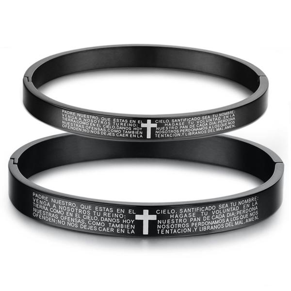 商品名: メンズレディースチタンステンレススチールヴィンテージブラックバングルカップルスペイン語聖書Lords Prayerクロスブレスレット Fashion Month Men Women Titanium Stainless Steel...