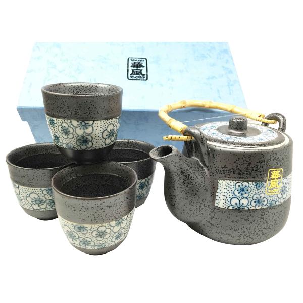 商品名: Japanese Design Charcoal Grey W/ Cherry Petals Ceramic Tea Pot and Cups Set Serves 4 Beautifully Packaged in Gift B...
