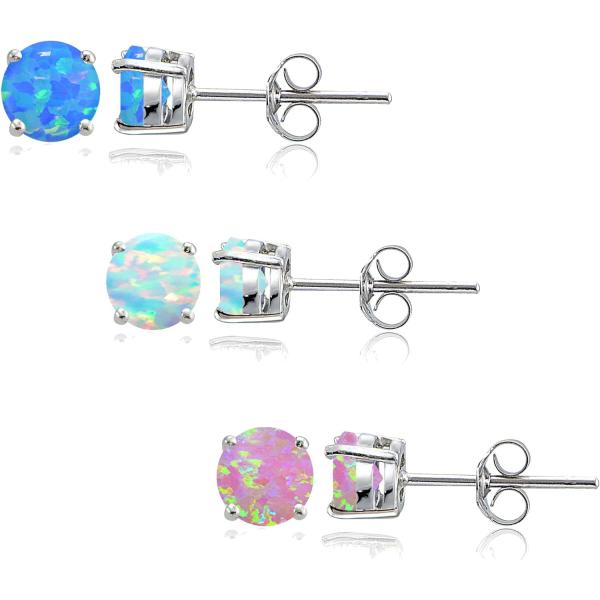 商品名スターリングシルバー 人工ホワイトピンクとブルーオパール 4mm ラウンドスタッドピアス 3組セットOapl Earrings for Women Girls Sterling Silver Synthetic White Pink ...