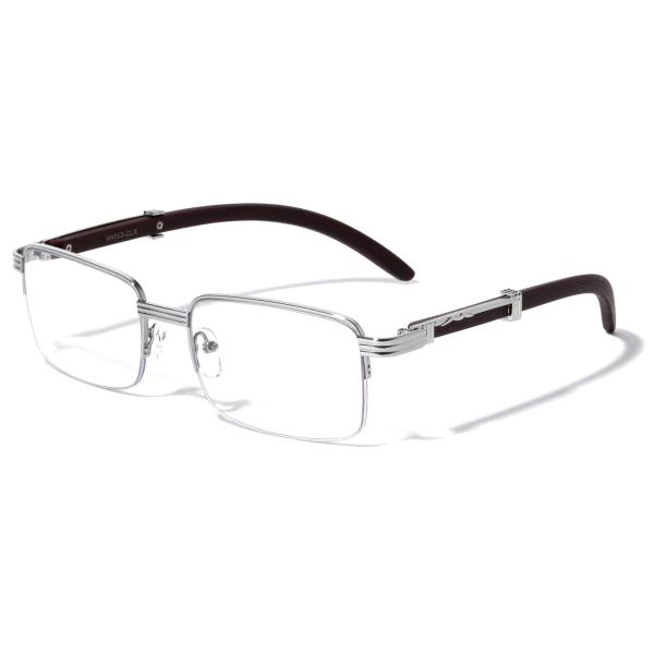 商品名: エグゼクティブ ハーフリム 長方形 メタル&amp;木製メガネ / クリアレンズ サングラス, シルバー＆チェリーウッド, One Size Executive Half Rim Rectangular Metal &amp; W...