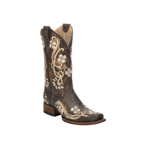 商品名: CORRAL レディース カラー: ブラウン Corral Women's 10-inch Shedron/Beige Floral Embroidery Square Toe Cowhide Leather Boots - 9 ...