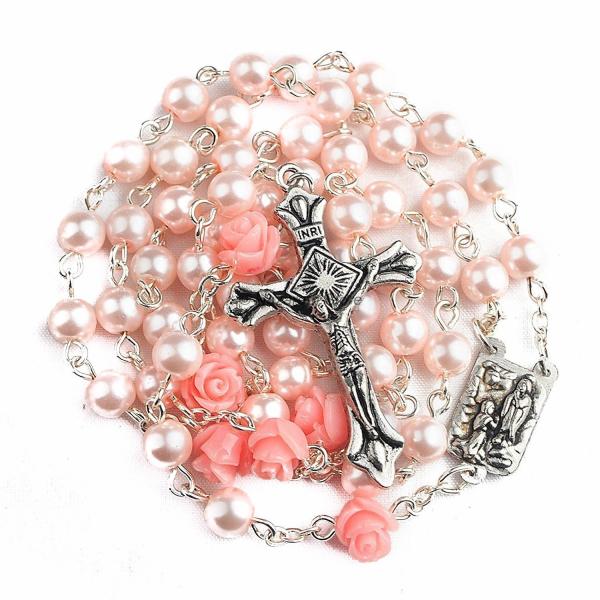 商品名: Nazareth Store カトリックピンクパールビーズ Nazareth Store Catholic Pink Pearl Beads Rosary Necklace Our Rose Flowers, Lourdes Me...