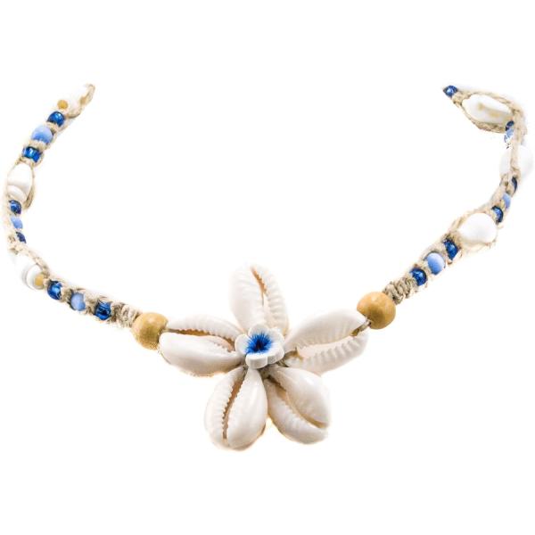 商品名Hempチョーカーネックレスwith cowrieとFimo花ペンダントブルーガラスとブルーCatseyeビーズBlueRica Cowrie Shells and Fimo Flower Pendant on Hemp Choker...