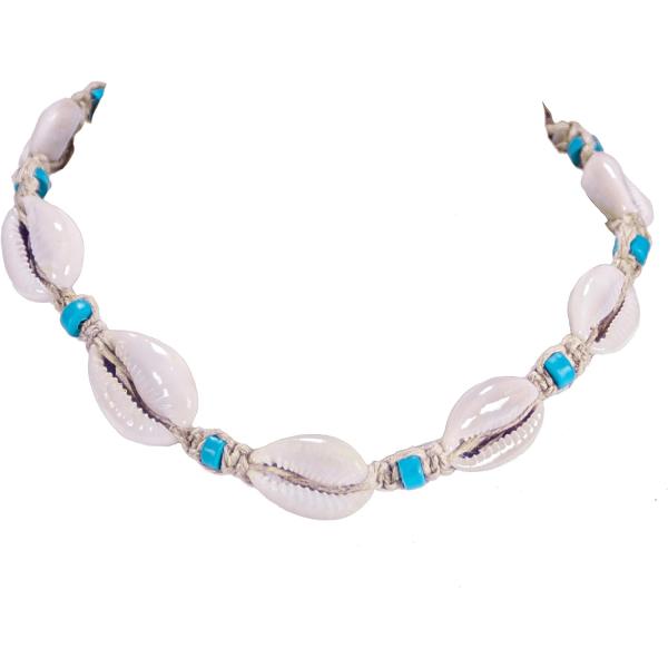 商品名BlueRica 麻チョーカーネックレス カウリーシェルとライトブルーフィモビーズ付き, 天然繊維BlueRica Hemp Choker Necklace with Cowrie Shells and Light Blue Fimo...