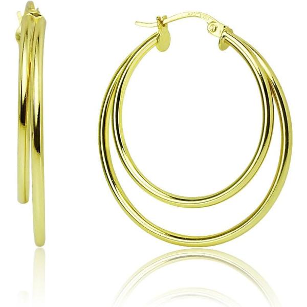 商品名lovveスターリングシルバーハイポリッシュダブル円ラウンドclick-topフープイヤリングLOVVE Yellow Gold Flashed Sterling Silver High Polished 30mm Double Ci...