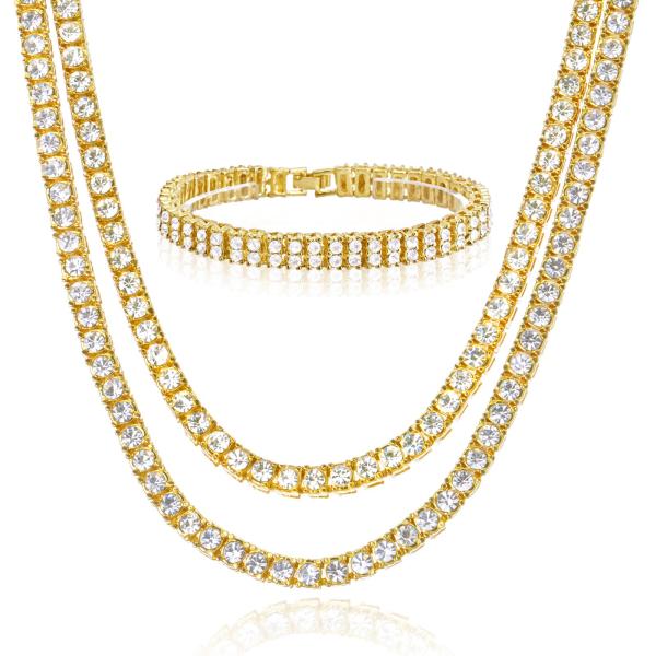 商品名: 18インチ/ 20インチ14 Kゴールド/シルバーメッキダブルテニスチェーン&amp; 2行X 8 "ブレスレットセットメンズレディースネックレス metaltree98 18" / 20" 14k Gold/Silver Pla...