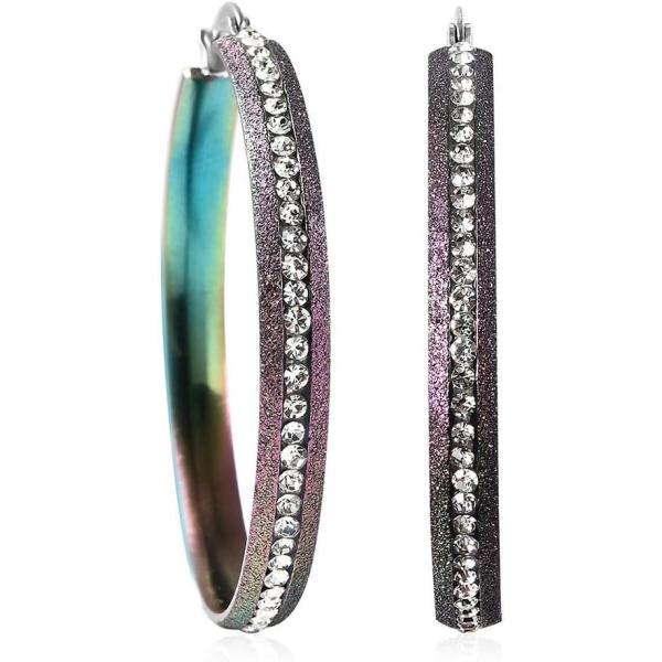 商品名Shop LC Crystal Pave Hoop Earrings - ION Plated Stainless Steel Hoop Earrings for Women - Crystals in Rainbow Shimmer...