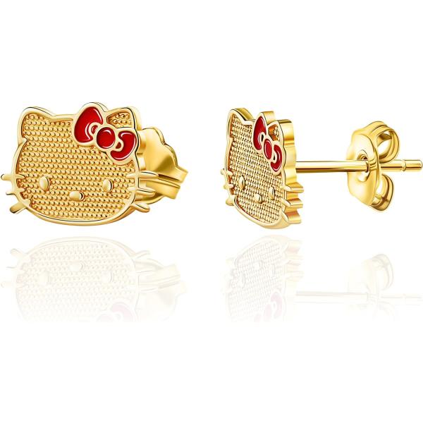 商品名サンリオ ハローキティ レディース 10Kゴールド スタッドピアス - ゴールドハローキティイヤリング 赤いエナメルリボン付き 公式ライセンス商品, イエローゴールドSanrio Hello Kitty Womens 10k Gold...