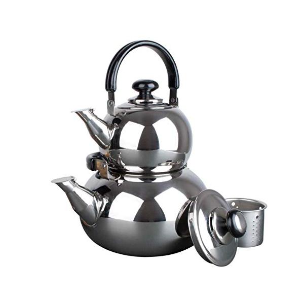 商品名: ダブルティーケトルステンレススチール枚ティーポットセット3-ltr + .8-ltrポットSamovarトルコスタイル Double Tea Kettle Stainless Steel Teapot 2-Pc Set 3-Ltr...