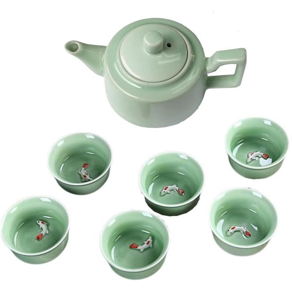 商品名: CoreLife 中国茶セット カンフー磁器製 ハンドメイド セラミックティーセット (ティーポット付き6カップ) - 青緑 鯉の魚のデザイン CoreLife Chinese Tea Set, Kung Fu Porcelain...