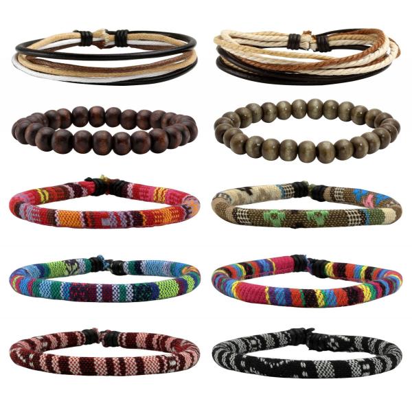 商品名: MILAKOO メンズ レディース リネン麻紐 ウッドビーズ エスニック トライバル ブレスレット レザーリストバンド 10個, レザー MILAKOO 10 Pcs Men Women Linen Hemp Cords Wood...