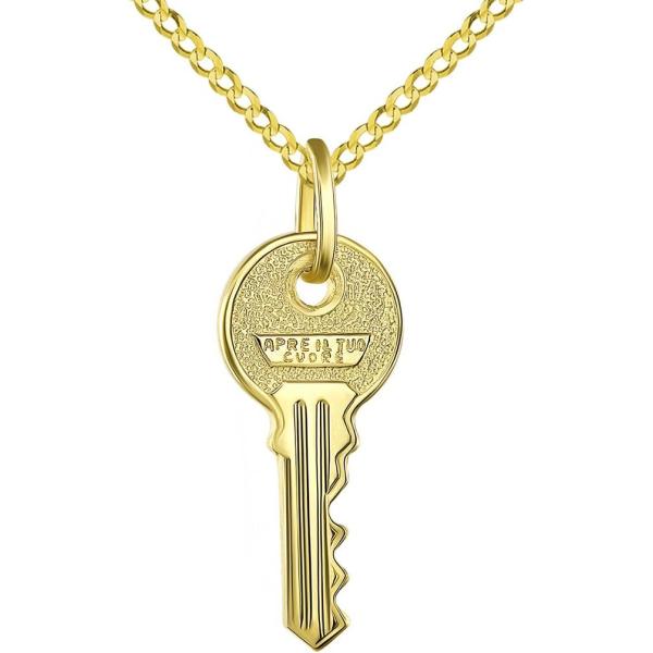 商品名ソリッド 14K イエローゴールド キー Apre il Tuo Cuore チャーム オープンユア ハート ペンダント キューバチェーンネックレスSolid 14K Yellow Gold Key with Apre il Tuo ...
