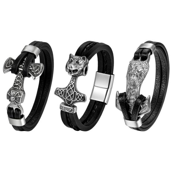 商品名: Aroncent バイキングトールハンマー Mjolnir レザーブレスレット ステンレススチールカフバングル メンズお守りジュエリー Aroncent Viking Thor's Hammer Mjolnir Leather B...