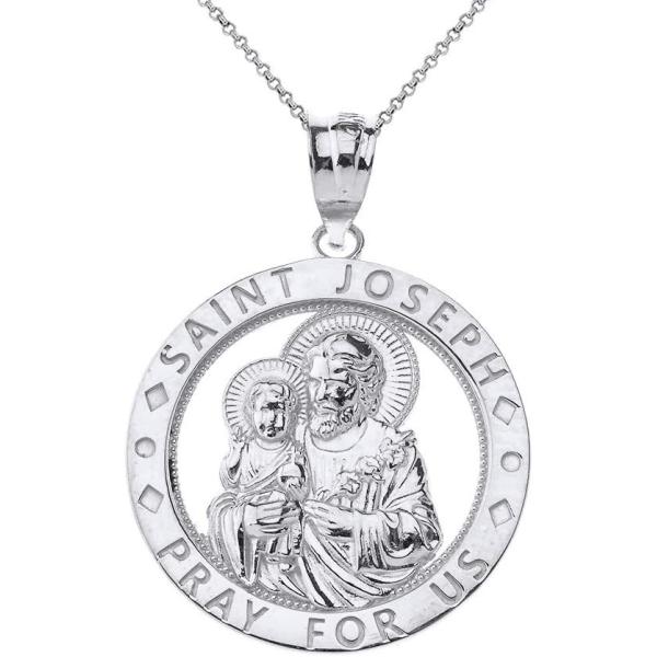 商品名CaliRoseJewelry スターリングシルバー 聖ヨセフ 祈りUs ラウンドチャームペンダントネックレスCaliRoseJewelry Sterling Silver Saint Joseph Pray for Us Round...