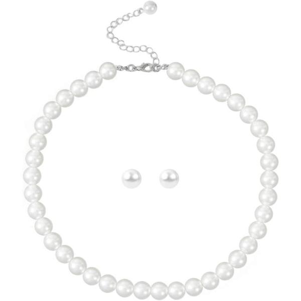 商品名フェイクパールネックレスセット ストランドパールスタッドピアス レディース 結婚式, ガラス パール, フェイクパール、ネックレスFemtindo Glass Pearl Necklace and Earring Set,10mm C...