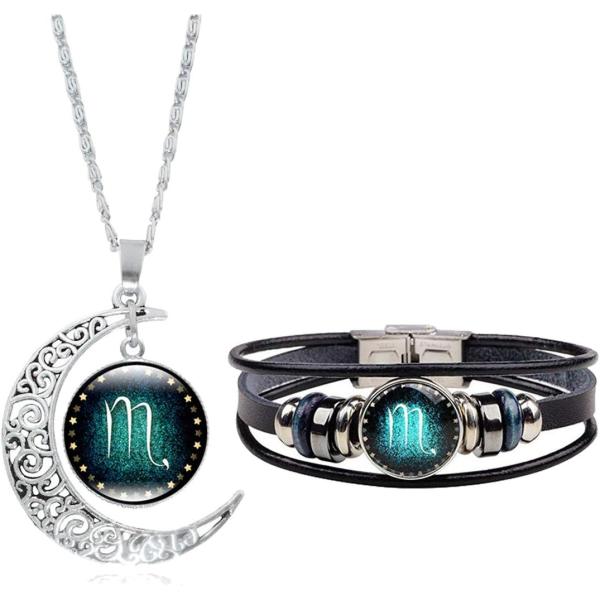 商品名CHUYUN ファッション12 12星座 手編みレザーブレスレットとムーンペンダントネックレス ゾディアックサインジュエリーセットDcfywl731 Scorpio Zodiac Necklace Bracelet Fashion 1...