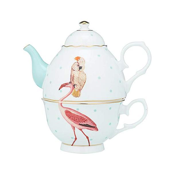 商品名:  Yvonne Ellen Parrot &amp; Flamingo Vintage Style Tea for One Teapot, Bone China with Gilt Gold Detail, Designed in...