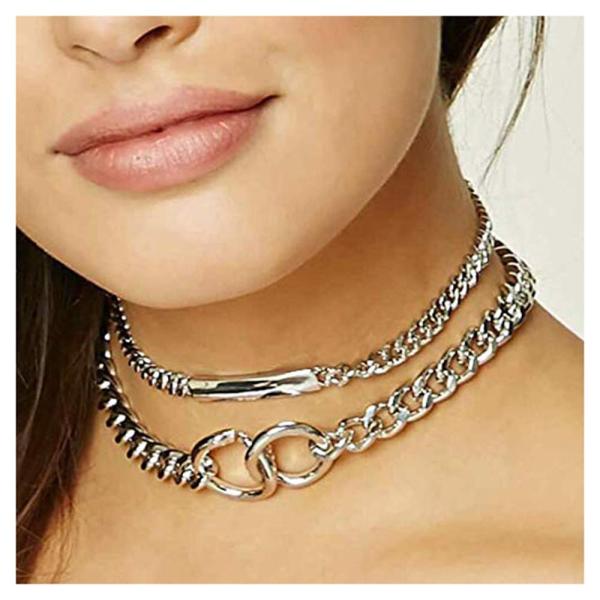 商品名Anglacesmade ボヘミア レイヤードチョーカーネックレス サークルチョーカーバーネックレス シルバーチェーンリング チャームペンダントネックレス 女性と女の子用Anglacesmade Bohemia Layered Cho...