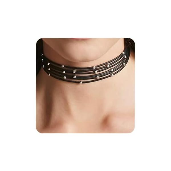 商品名Anglacesmade Bohemia Layered Choker Necklace Black Suede Choker Leather Choker with Silver Beads Multilayer Choker fo...