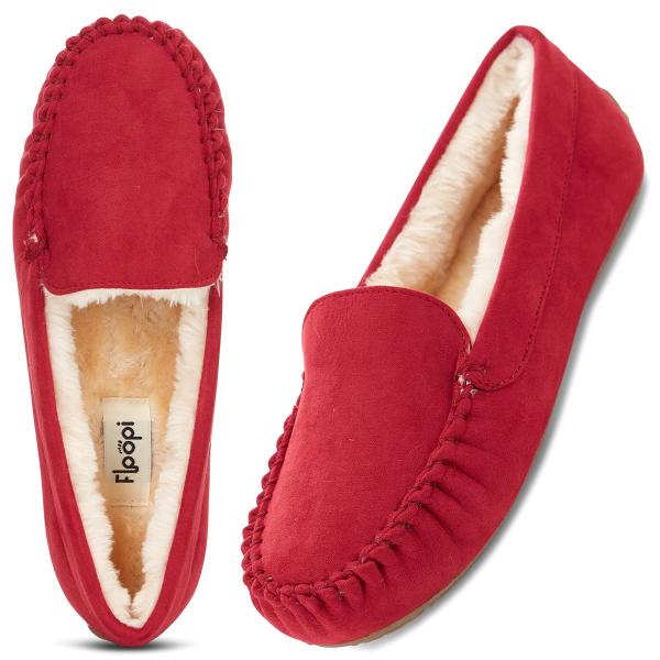 商品名: Floopi レディース US サイズ: 7 カラー: レッド Floopi Women Slippers Moccasins, Soft Faux Fur Lining with Cozy Memory Foam, Ladies...