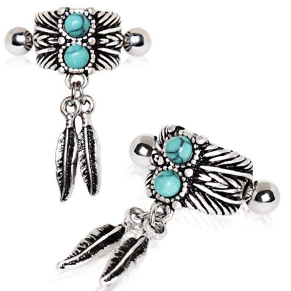 商品名: Covet Jewelry 316L ステンレススチール ターコイズ&amp;フェザー 軟骨 カフ イヤリング 316L Stainless Steel Turquoise &amp; Feather Cartilage Cuff...