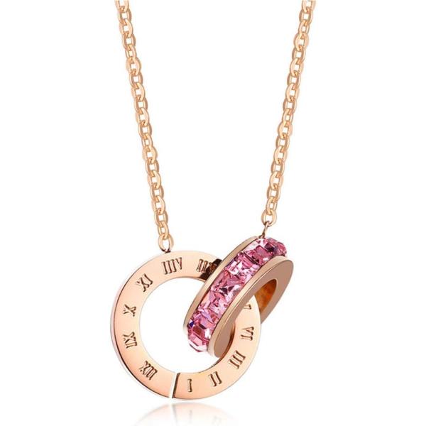 商品名[Rockyu] ブランド ネックレス レディース 人気ブランド 金属アレルギー対応 ローマ数字 サークル リング ペンダント ダイヤモンド ゴールド 18金 ファッション (Pink)Rockyu Double Interlocki...