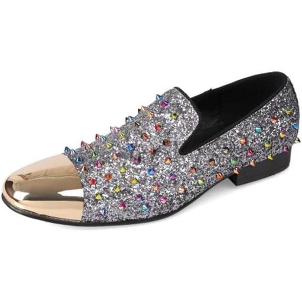 商品名Rui Landed Men Oxford Formal Dress Shoes Metal Round Toe Faux Rhinestone Decoration Slip On for Party Genuine Leather...