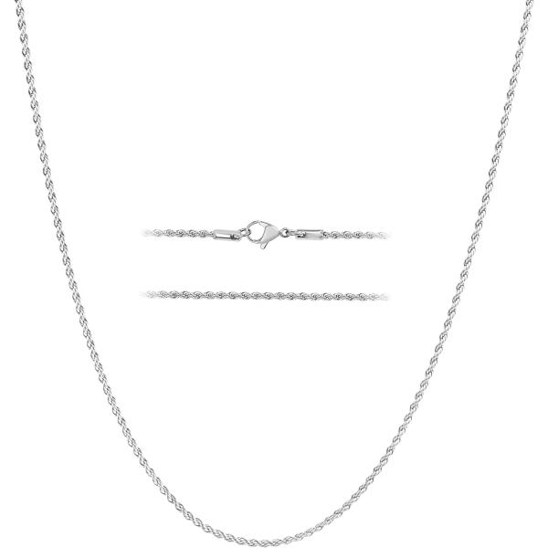商品名KISPER 24Kホワイトゴールドメッキステンレススチールロープチェーンネックレス 2mm, 金属,KISPER 24k White Gold Rope Chain Necklace  Thin, Dainty, White Gol...