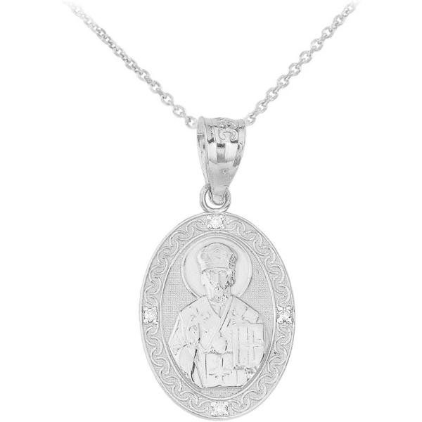 商品名純925スターリングシルバー カトリック守護聖人 聖ニコラス キュービックジルコニア 楕円形メダルペンダントネックレスFine 925 Sterling Silver Oval St. Nicholas Catholic Patron...