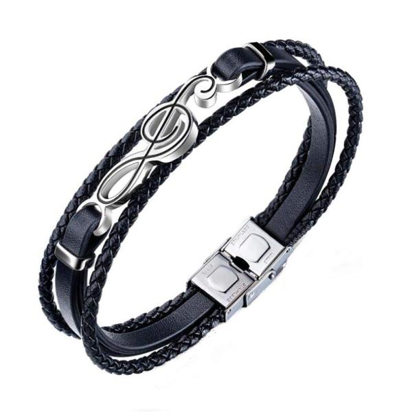 商品名:  Bystar Men Stainless Steel Bracelet Rock Hip Hop Simple Multi Layers Weave Musical Note Wrap Genuine Leather Wrist...