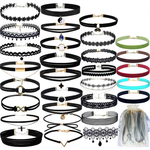 商品名ブラックチョーカーネックレス30点セット ティーンの女の子と女性用 ベルベットチョーカーネックレスセット レース ヘナ タトゥー チョーカー リボン チャーム ストレッチネックレス クリスマス 感謝祭 新年 ギフト30 PCS Bla...