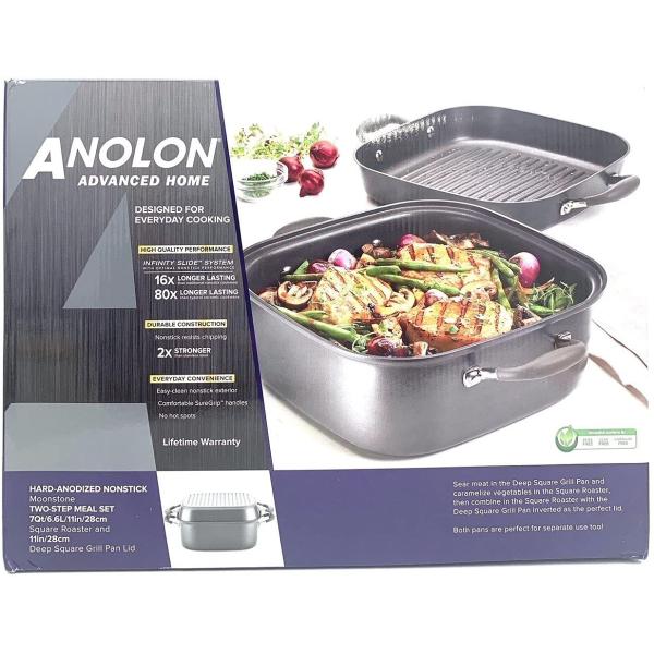 商品名: Anolon 高度な家のハードアノジ化されていない非粘着2段階の食事セット 11 "正方形グリルパン＆7 Qt。ロースター ムーンストーン Anolon Advanced Home Hard-Anodized Nonstick T...