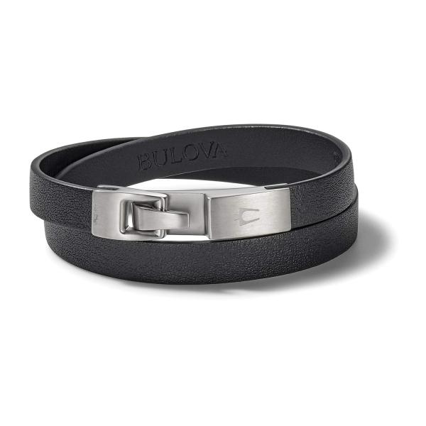 商品名: Bulova メンズ クラシックブレスレット つや消しゴールドステンレススチールフック M Bulova Mens Classic Medium Double-Wrap Black Leather Bracelet with Br...
