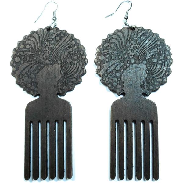 商品名Teri's Boutique アフロセントリック アフリカン アフロピック コームスタイル レディース ヘアウッド ナチュラルカラー ドロップ ダングルイヤリングTeri's Boutique Afrocentric African...